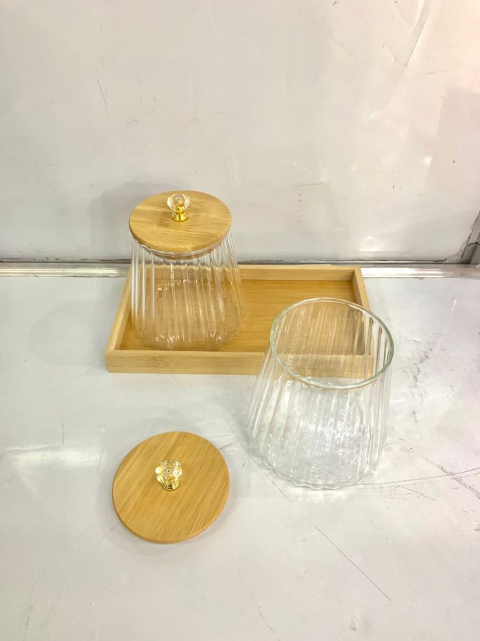 2-Piece Glass Canister Set with Wooden Tray Holder and Lids